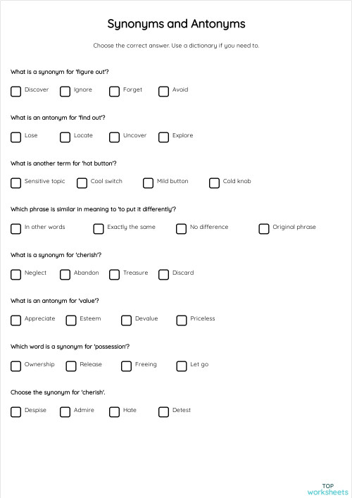 Synonyms and Antonyms. Interactive worksheet | TopWorksheets
