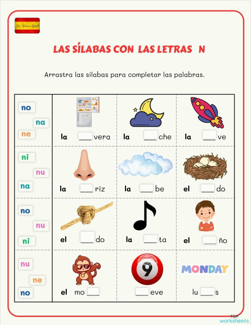Las sílabas con la letra N. Ficha interactiva | TopWorksheets