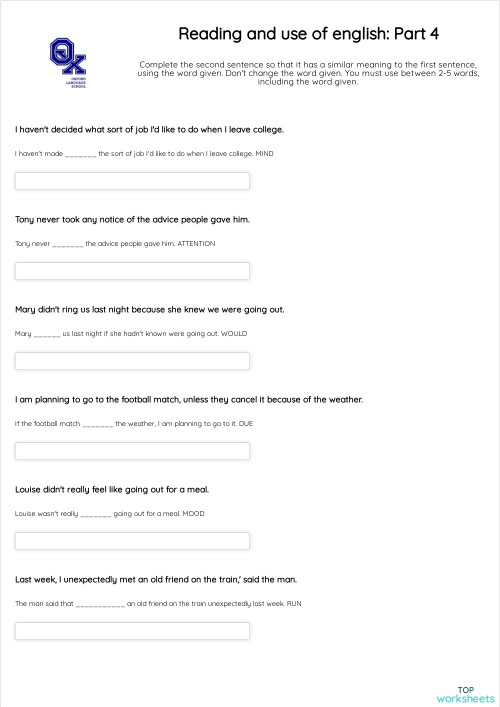 Reading and use of english: Part 4. Interactive worksheet | TopWorksheets