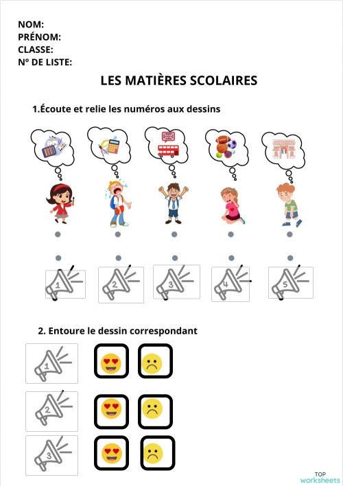 les matières scolaires- j'aime. Fiche interactive | TopWorksheets