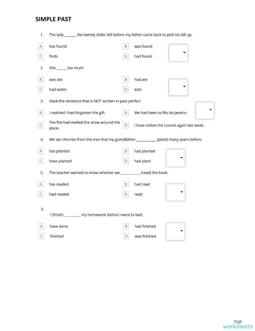 2°A EXAM PAST PERFECT/SIMPLE PAST. Interactive worksheet | TopWorksheets