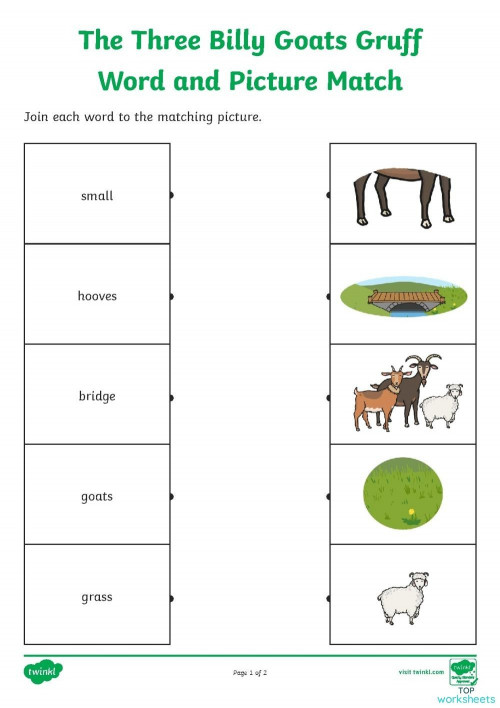 Three Billy Goat Word Match. Interactive worksheet | TopWorksheets