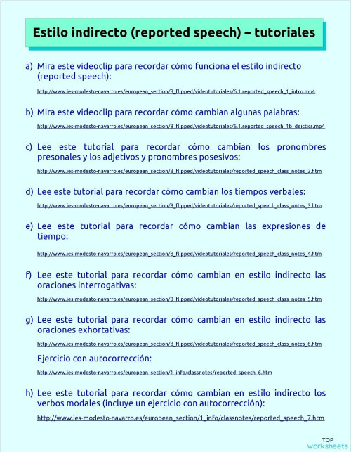 Estilo indirecto - tutoriales. Ficha interactiva | TopWorksheets