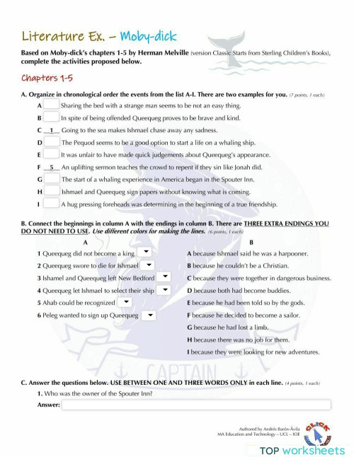 Literature Ex. - Moby-dick (Ch. 1-5). Interactive worksheet | TopWorksheets
