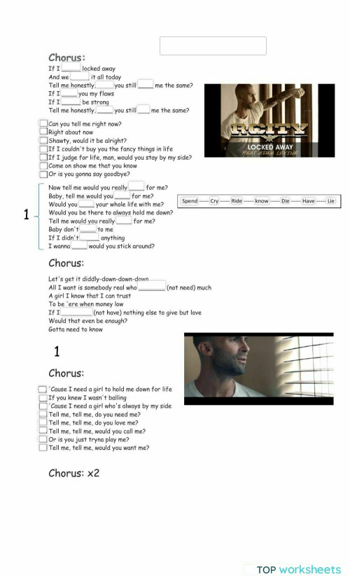 Song: locked away. Interactive worksheet | TopWorksheets