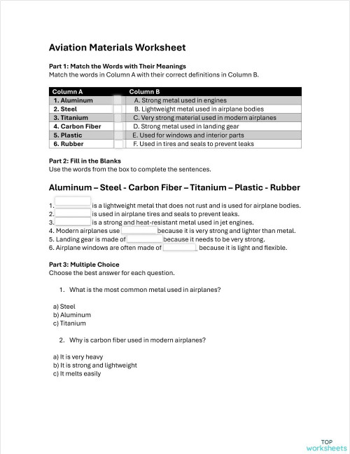 Aviation materials worksheet UNIT F. Ficha interactiva | TopWorksheets