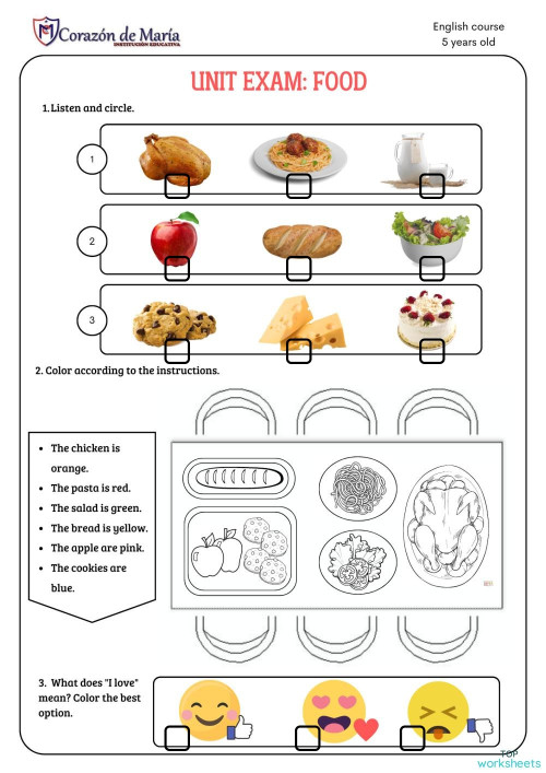 5 YEARS OLD - UNIT EXAM FOOD. Interactive worksheet | TopWorksheets