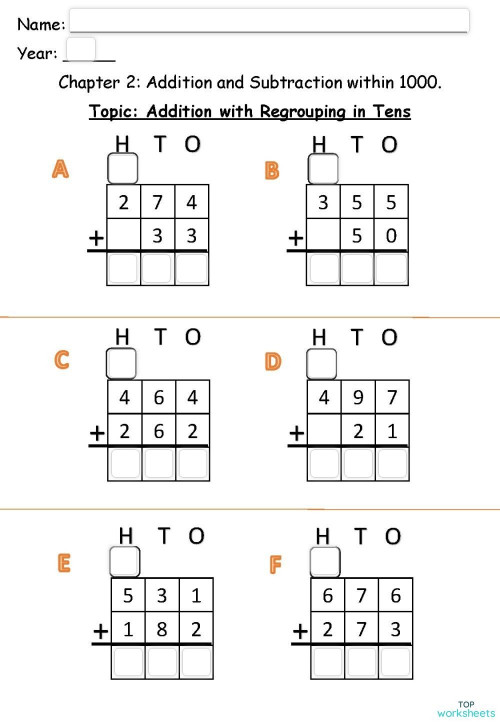 Addition with regrouping in tens. Interactive worksheet | TopWorksheets