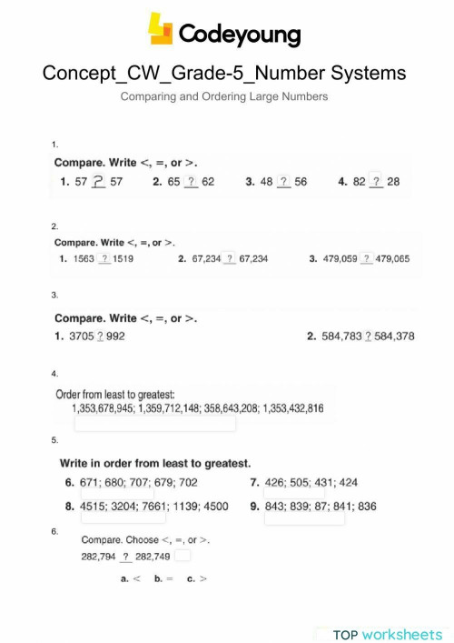 Concept-CW-Comparing and Ordering Large Numbers. Interactive worksheet ...