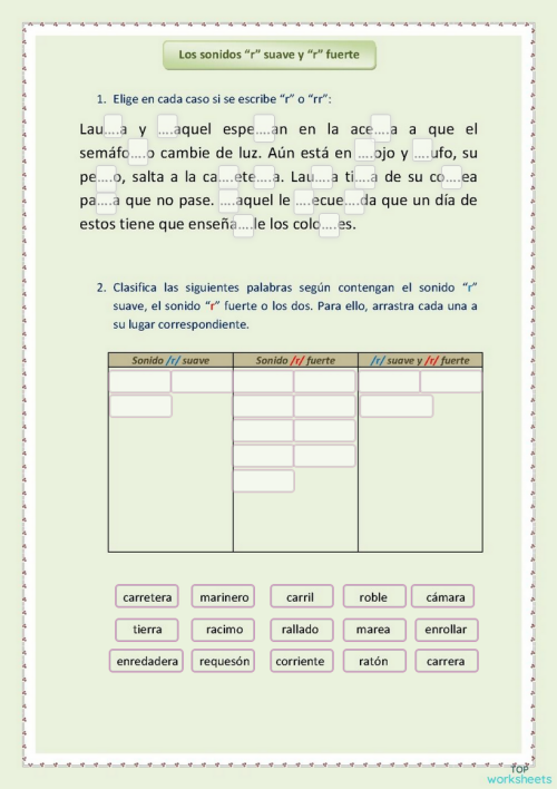 Los sonidos "r" suave y "r" fuerte. Ficha interactiva | TopWorksheets