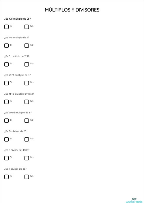 MÚLTIPLOS Y DIVISORES. Ficha interactiva | TopWorksheets