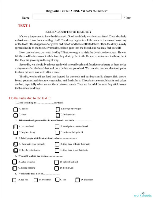 Diagnostical test 7 form Health READING. Interactive worksheet ...