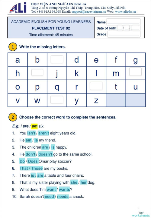 [YLS] Placement Test 2. Interactive worksheet | TopWorksheets