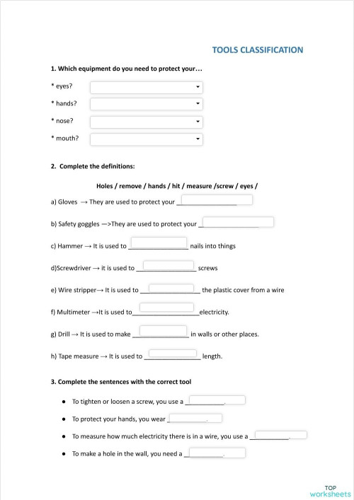 Tools classification. Interactive worksheet | TopWorksheets
