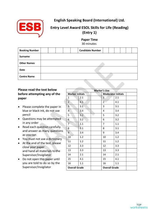 ESOL E1 ESB paper. Interactive worksheet | TopWorksheets
