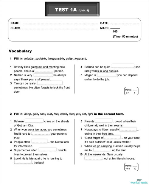 On Screen 2 Test Unit 1. Interactive worksheet | TopWorksheets
