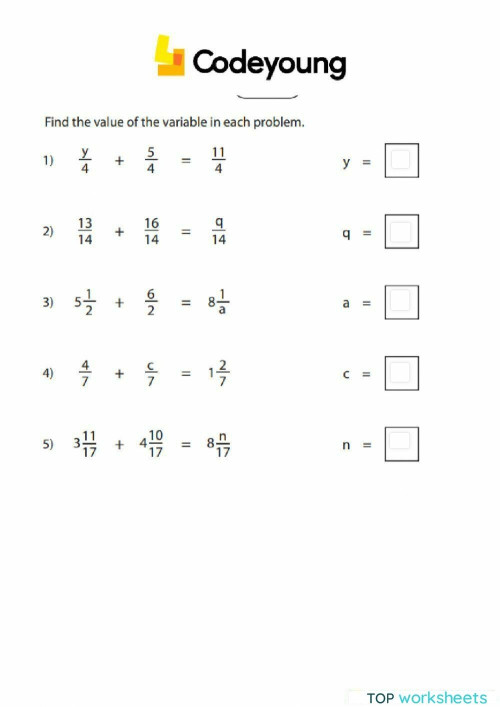 Addition and Subtraction of Fractions Advanced. Interactive worksheet ...