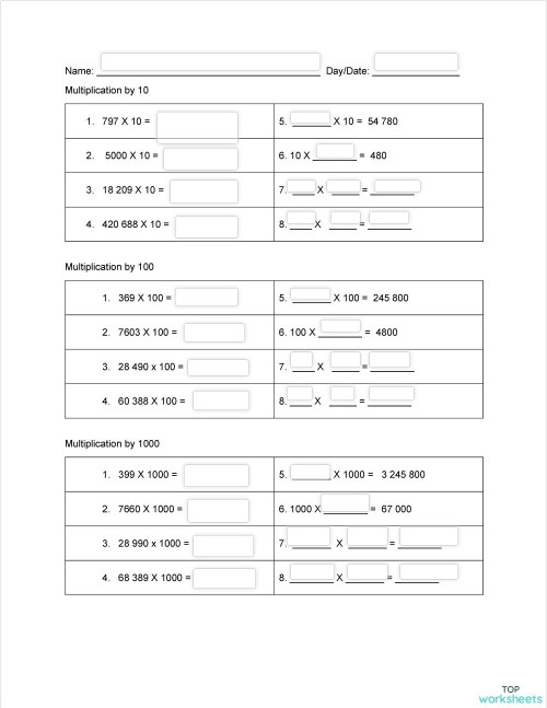 Multiplication by 10, 100 and 1000. Interactive worksheet | TopWorksheets
