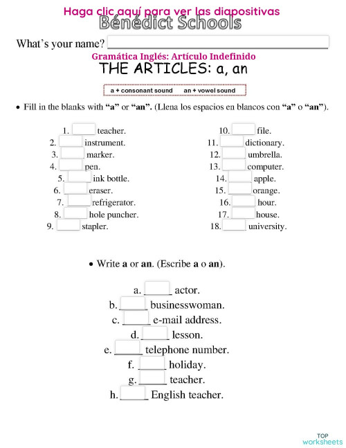 The indefinite articles a-an. 📕. Interactive worksheet | TopWorksheets