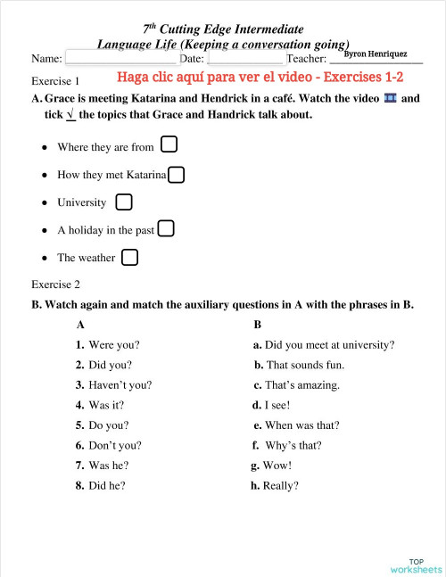 7th CE Unit 1 Keeping a conversaion going.. Interactive worksheet ...