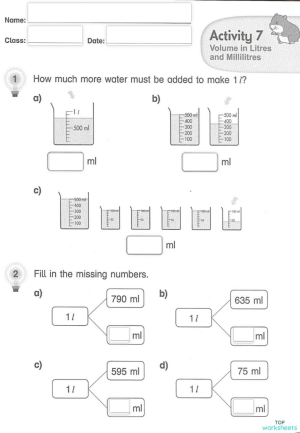 Volume in L and mL 2 Y3. Interactive worksheet | TopWorksheets