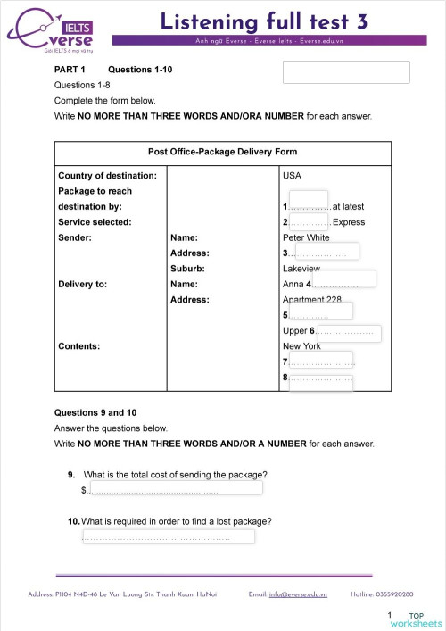 Listening full test 3. Interactive worksheet | TopWorksheets