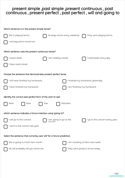 present simple ,past simple ,present continuous , past continuous ...