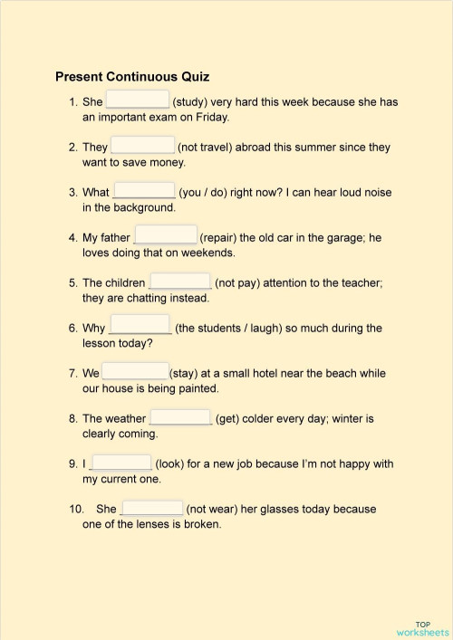 Quiz 2 Present Continuous. Interactive worksheet | TopWorksheets