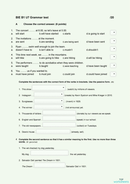BIE B1 U7 Grammar test. Interactive worksheet | TopWorksheets
