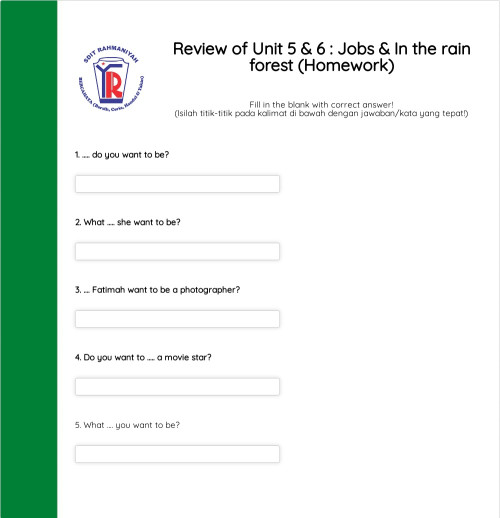 Review of Unit 5 & 6 : Jobs & In the rain forest (Homework ...