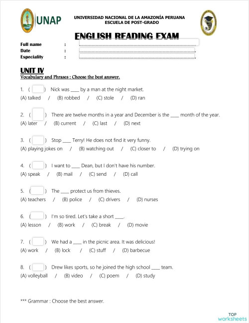 ENGLISH READING FINAL TEST GROUP 8-UNITS 5,6. Interactive worksheet ...