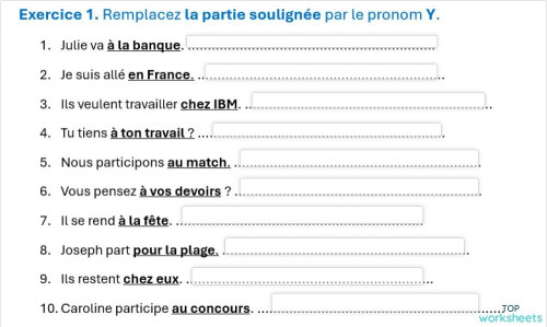 Le pronom "Y " exercice.. Fiche interactive | TopWorksheets