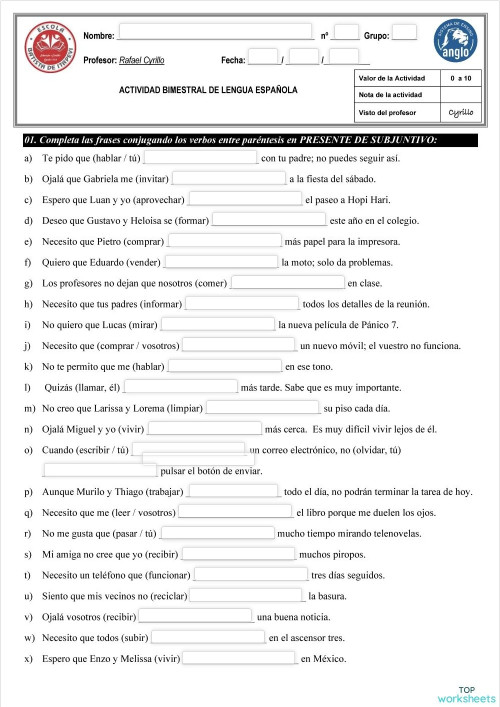 Presente de subjuntivo (I). Ficha interactiva | TopWorksheets