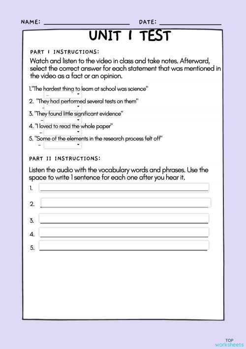 Unit quiz (sample test). Interactive worksheet | TopWorksheets