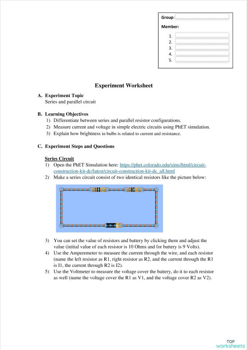Series and Parallel Circuit. Interactive worksheet | TopWorksheets