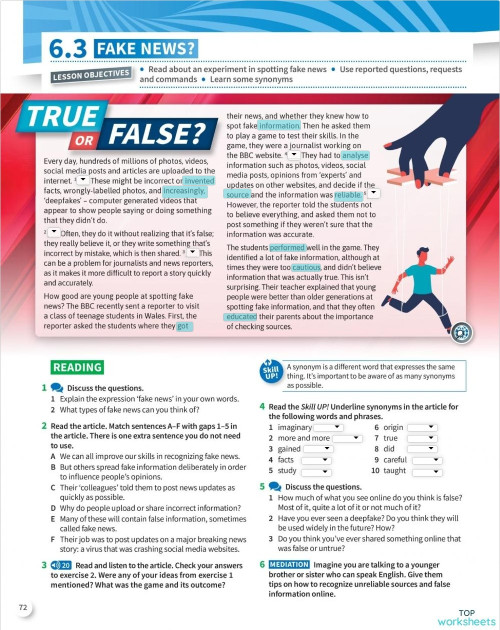 Reading and reported speech. Interactive worksheet | TopWorksheets