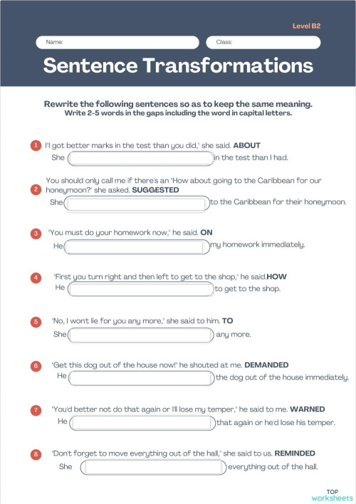 Sentence Transformations Reported Speech. Interactive worksheet | TopWorksheets
