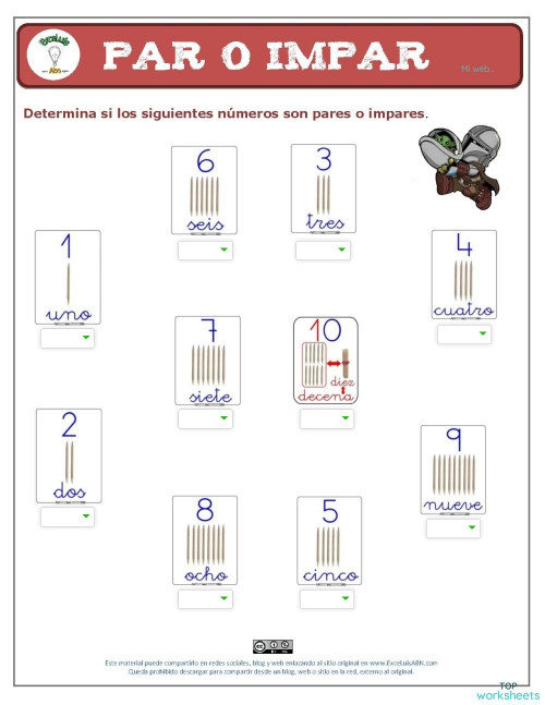 Par o impar primera decena 01. Ficha interactiva | TopWorksheets