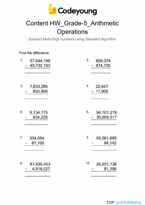 Content-HW-Subtract Multi-Digit numbers using Standard Algorithm (1 ... Content-HW-Subtract Multi-Digit numbers using Standard Algorithm (1 ...