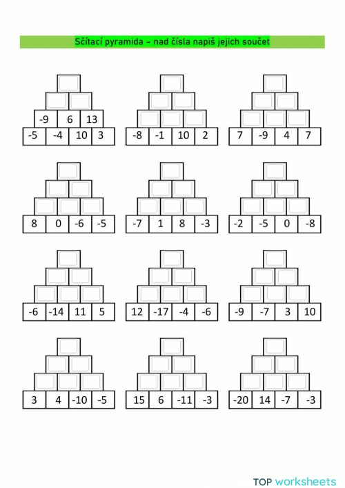 Celá čísla - sčítací pyramida. Interaktivní pracovní list | TopWorksheets