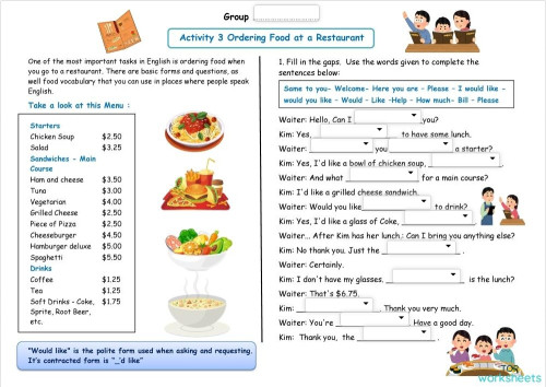 Activity 3 Ordering Food at a Restaurant. Interactive worksheet ...