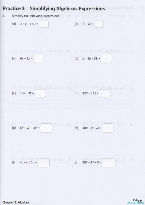 Simplifying Algebraic Expressions. Interactive Worksheet | Topworksheets