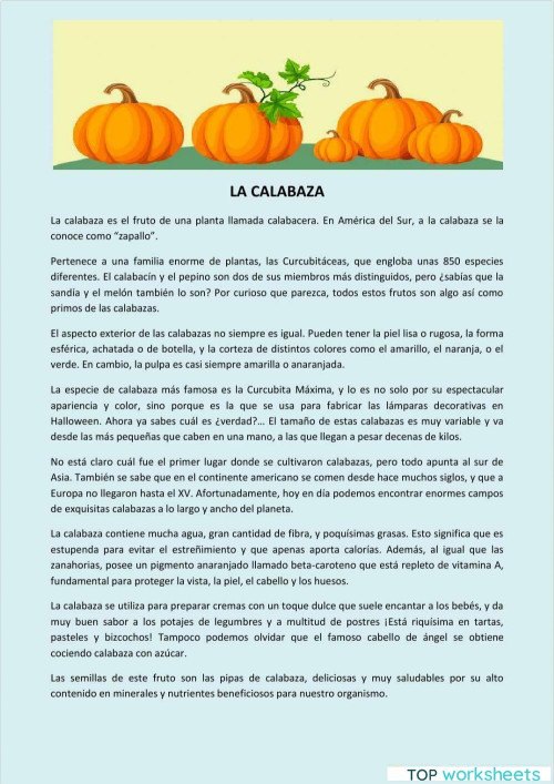 Lectura: La calabaza. Ficha interactiva | TopWorksheets