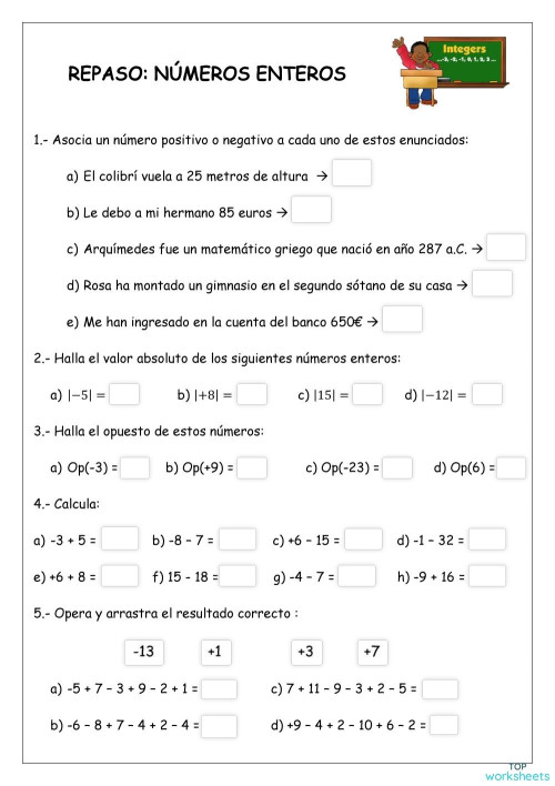 Repaso: Números Enteros. Ficha interactiva | TopWorksheets