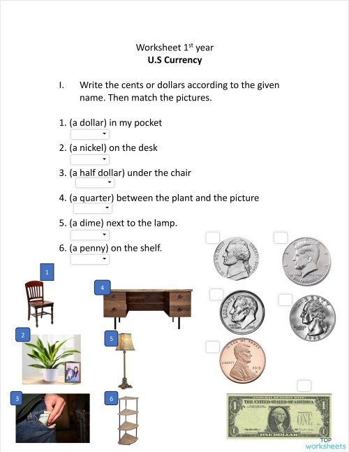Worksheet 1st year U.S currency. Ficha interactiva | TopWorksheets