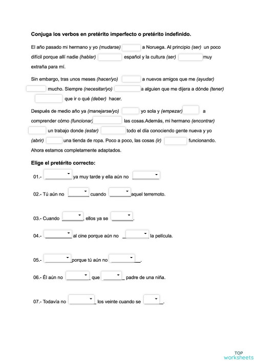 contraste entre pretéritos. Ficha interactiva | TopWorksheets