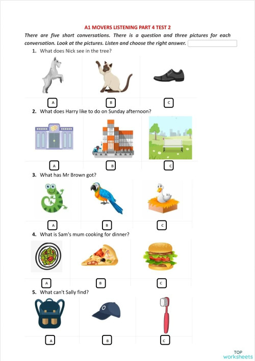 A1 Movers Listening Part 4 Test 2. Interactive worksheet | TopWorksheets