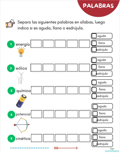 Palabras: agudas, llanas, esdrújulas. Ficha interactiva | TopWorksheets