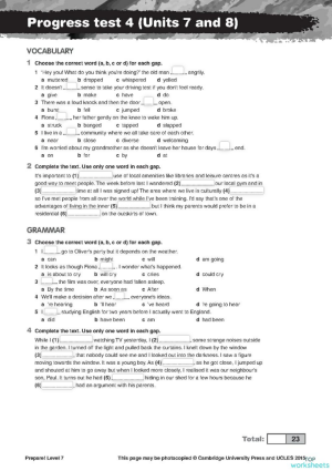 Prepare 7 Progress Test 4 (Units 7 and 8). Interactive worksheet ...
