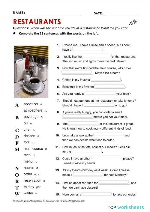 Restaurants Vocabulary. Interactive worksheet | TopWorksheets